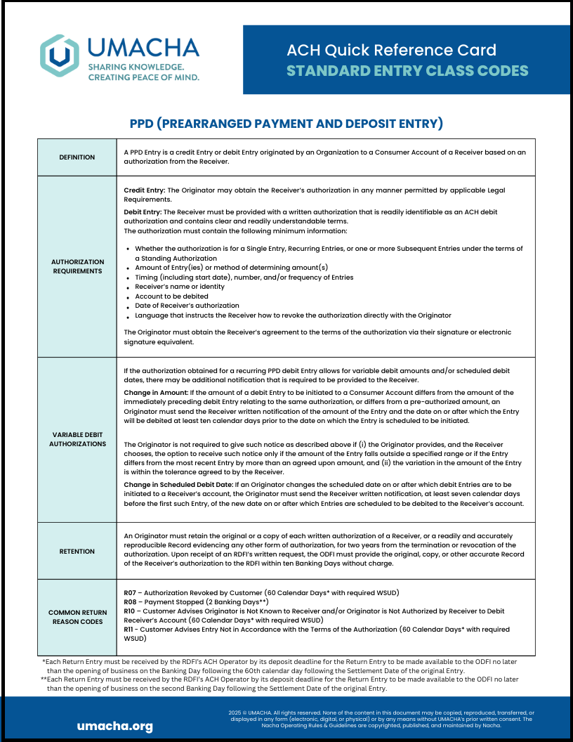 ACH Standard Entry Class (SEC) Code Quick Reference Cards (Set of 8) | Nacha